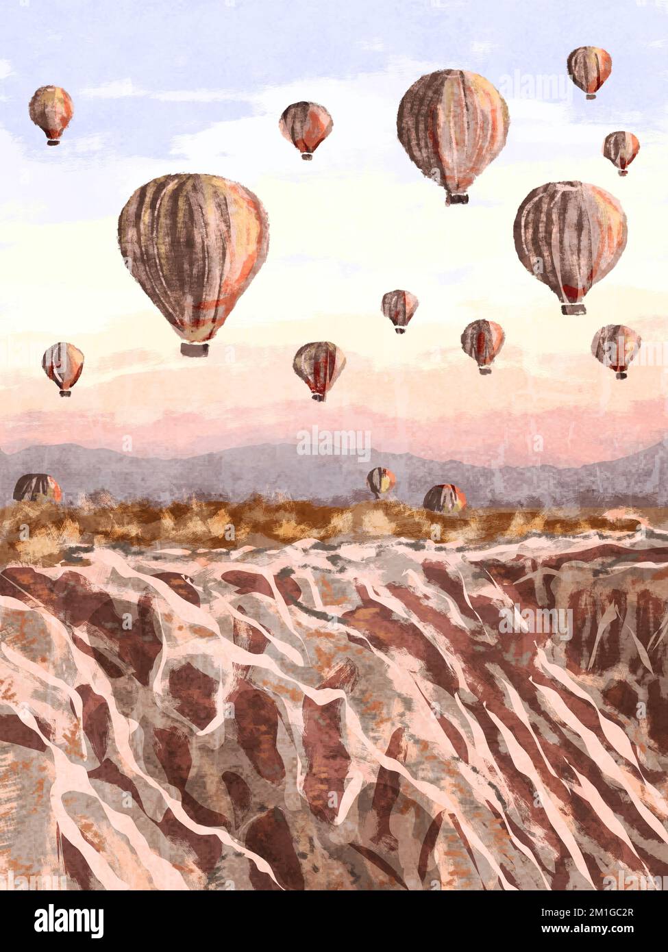 Abstract art print of Cappadocia, Turkey with rock mountains and ...