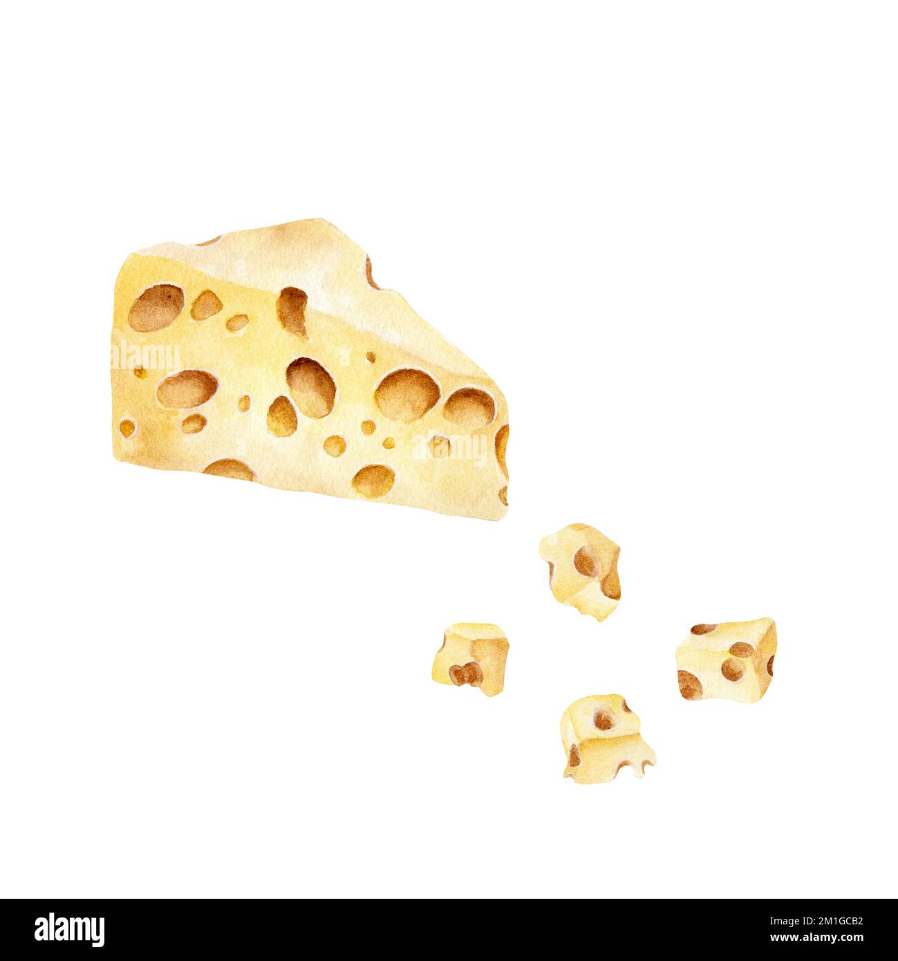 Set of yellow cheese piece with holes. Watercolor illustration isolated ...