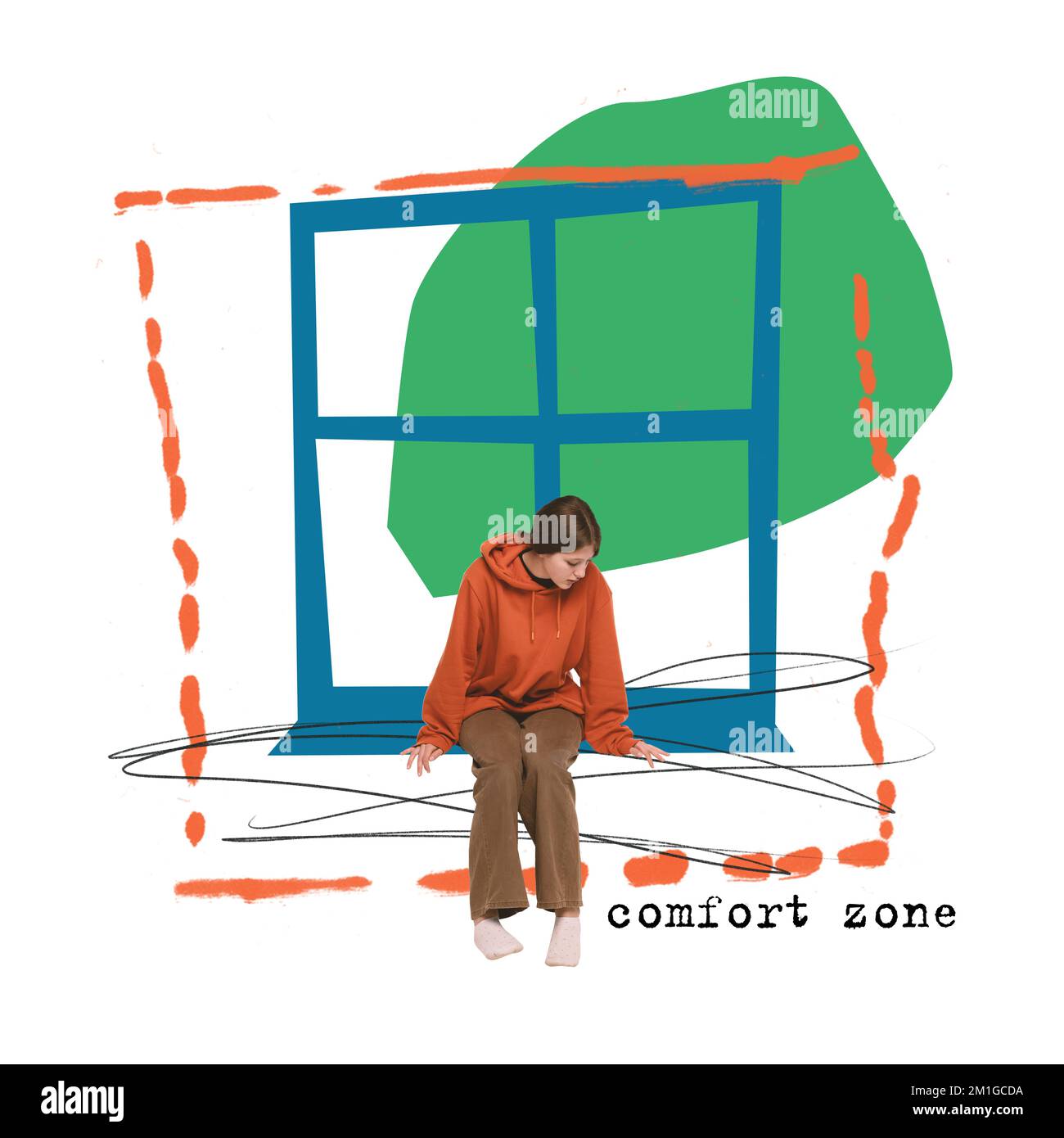 Contemporary art collage. Conceptual design. Feeling lonely. Young girl ...