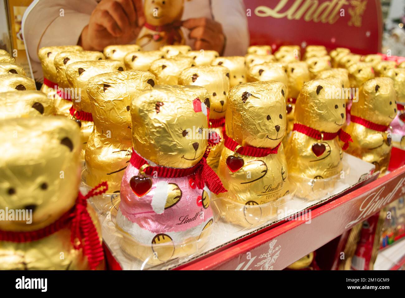 Moscow, Russia, November 2020: Lindt chocolate Teddy bears in gold foil ...