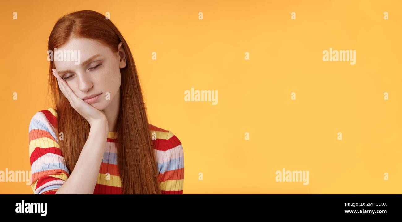 Tired cute redhead female student exhausted feel sleepy fall asleep ...