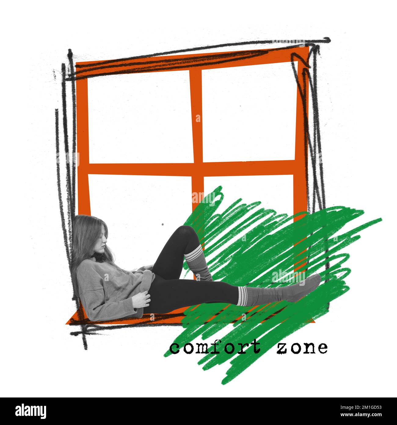 Contemporary art collage. Conceptual design. Young girl sitting at home ...