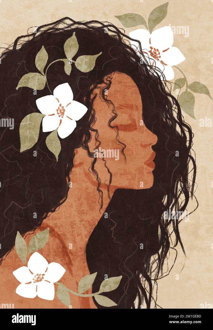 Elegant girl in profile in boho authentic modern style. Girl in white ...