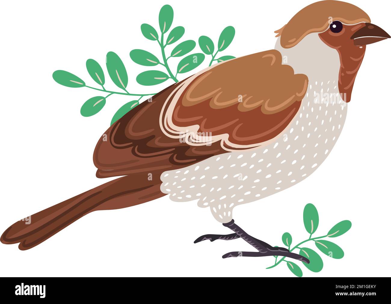 Elegant vector flat sparrow in green leaves isolated on white ...