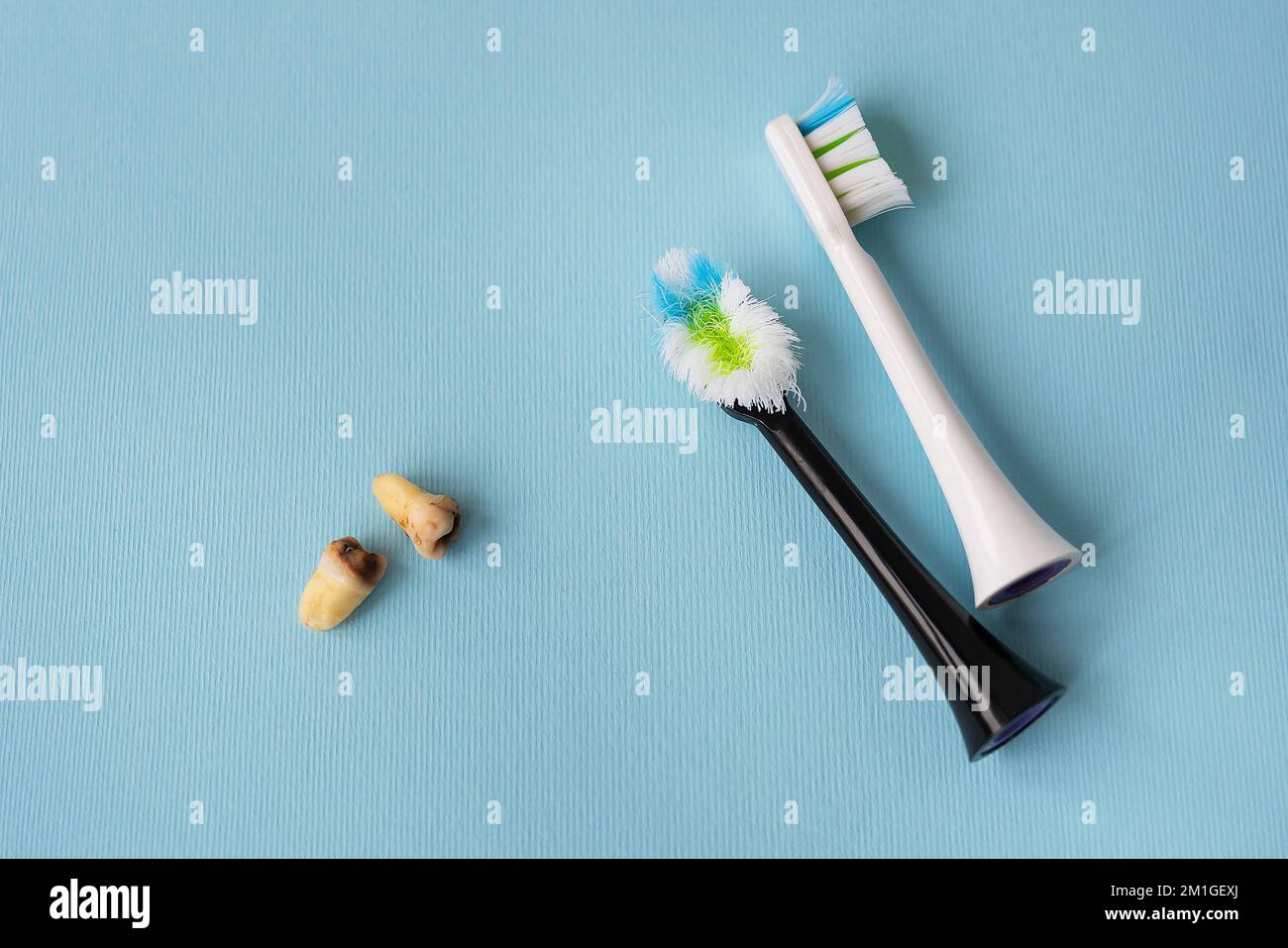 A modern electric toothbrush on a blue background next to extracted ...