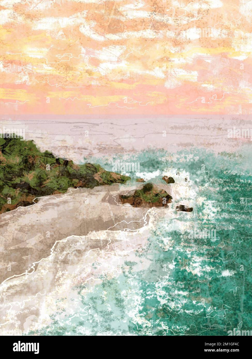 Boho Pink Sea with Waves Art Print. Abstract Minimal Background ...