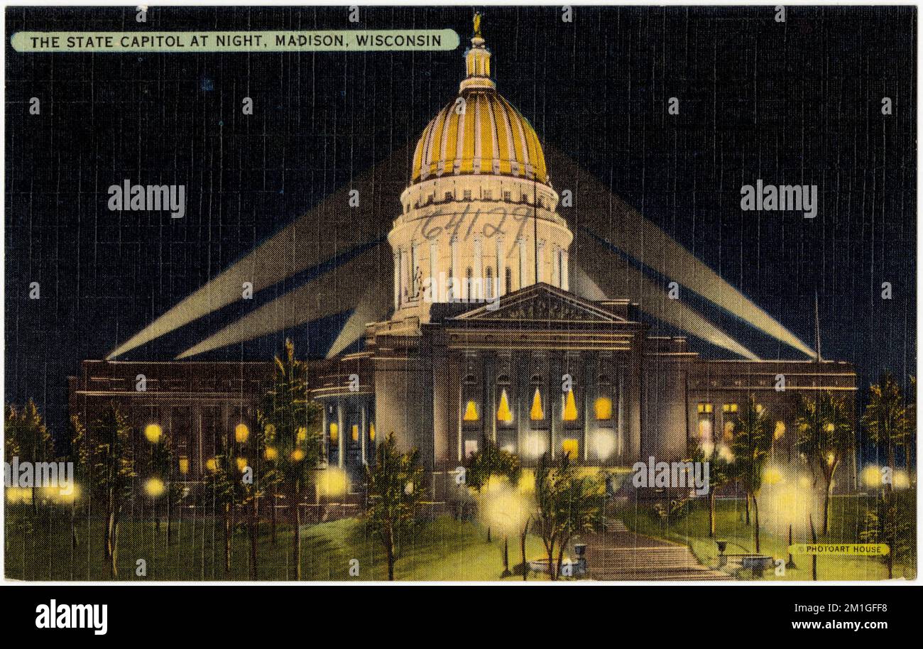 The State Capitol at night, Madison, Wisconsin , Capitols, Tichnor ...