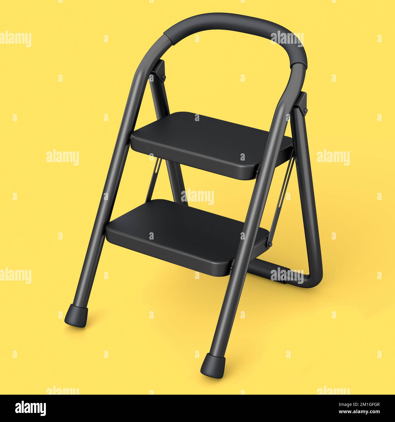 High folding metal ladder with steps on yellow background. 3d render of ...