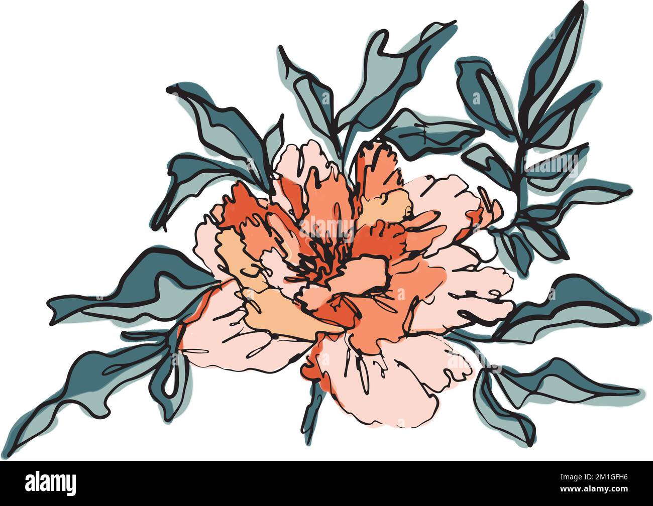 Elegant pastel peony flowerwith green leaves isolated on white ...