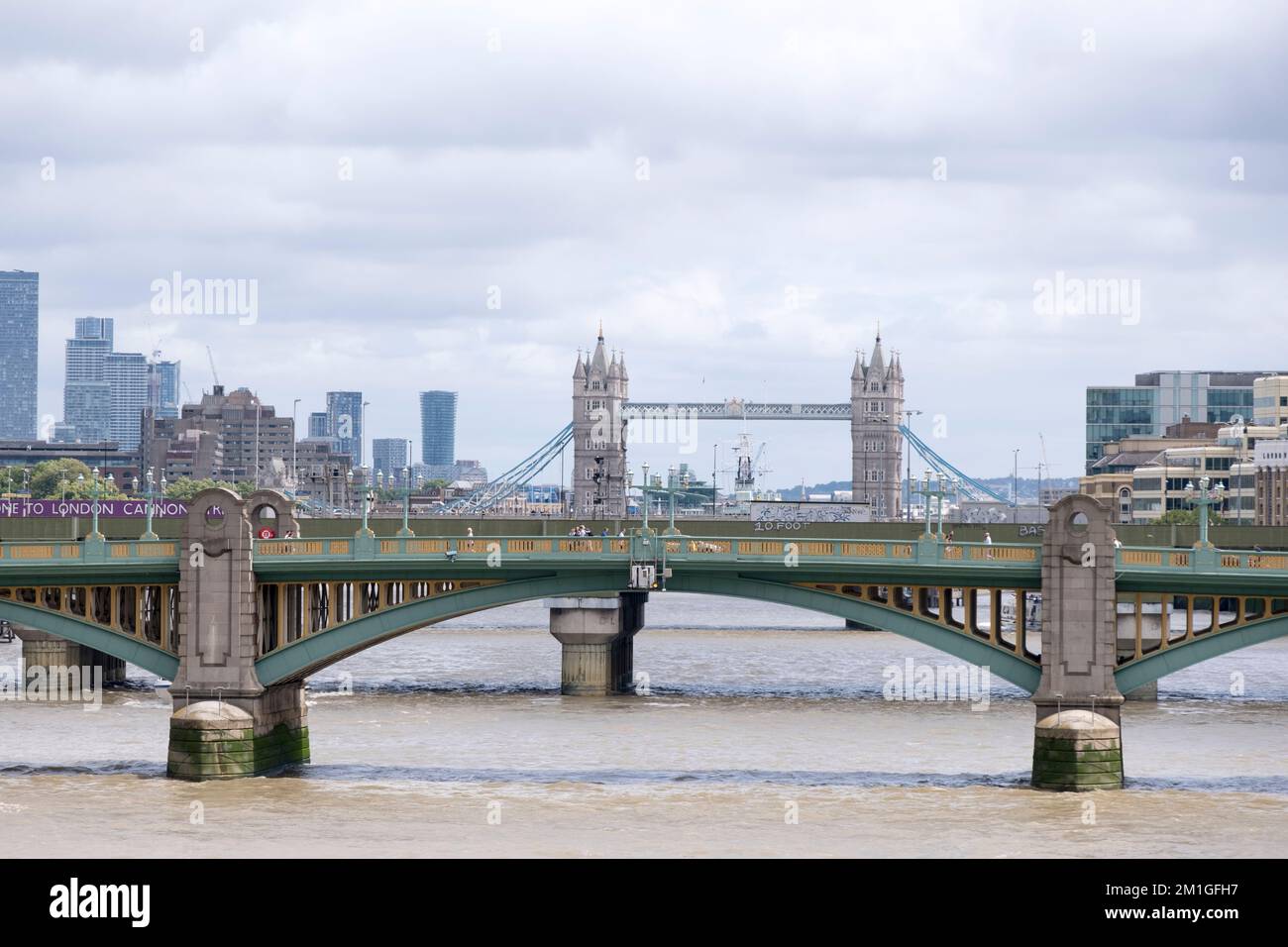 View from Southwark Bridge towards Canon Street Railway Bridge and up ...