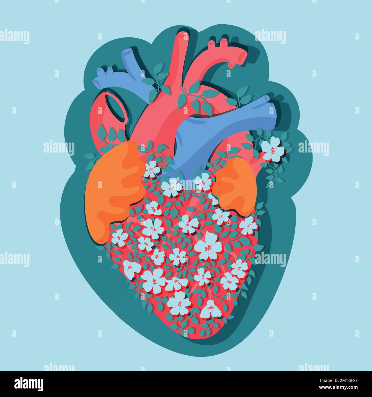 Anatomic flat heart with little white flowers and leaves. Papercut ...