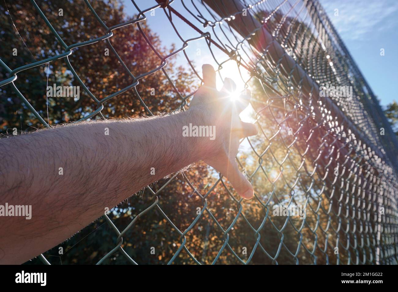 man hand grabbing metallic fence, feeling free Stock Photo - Alamy