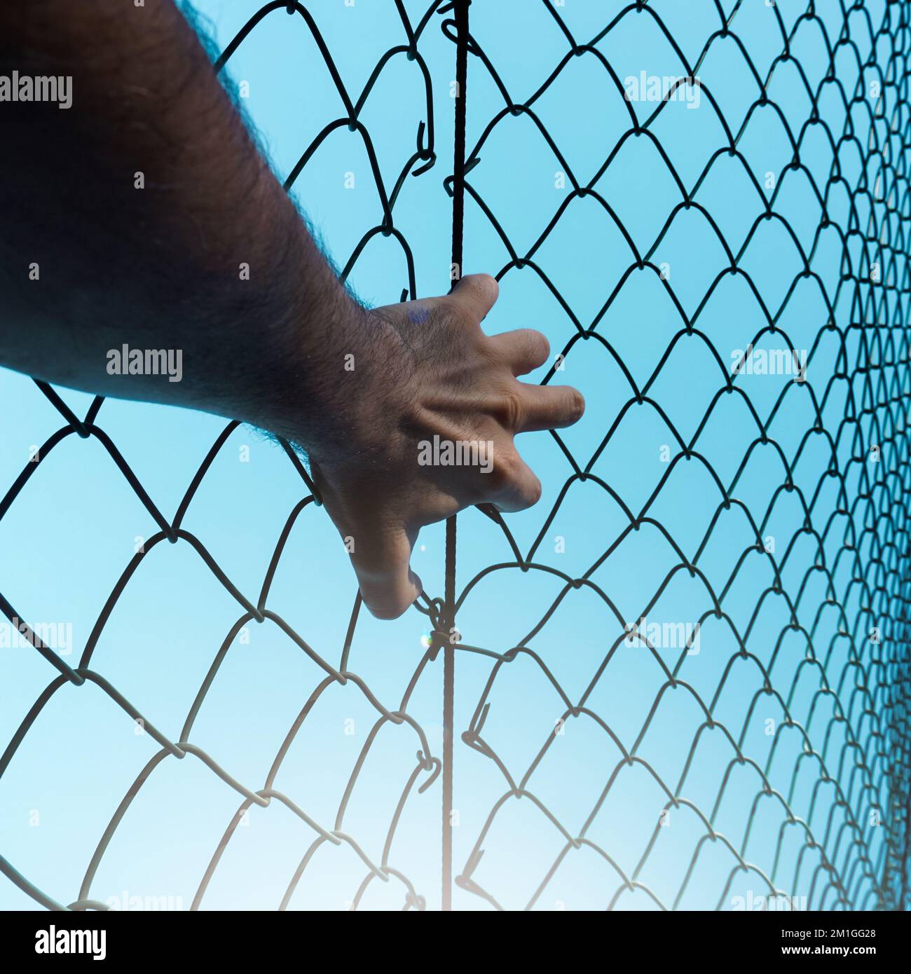 man hand grabbing metallic fence, feeling free Stock Photo - Alamy