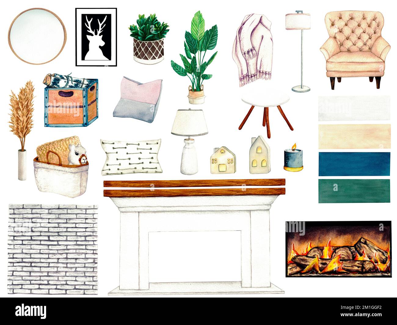 Watercolor illustration of interior elements. Home decoration items set ...