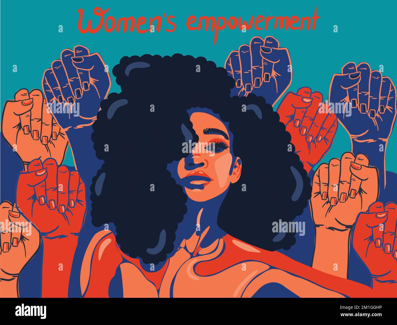 An elegant strong woman on the background of hands with a sign of ...