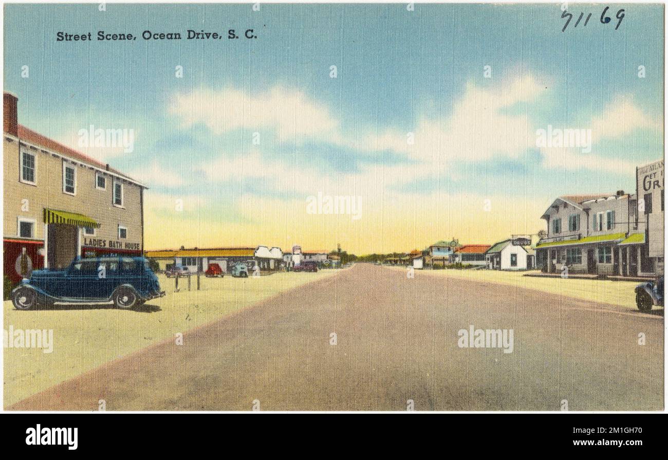 Street scene, Ocean Drive, S. C. , Cities & towns, Tichnor Brothers ...