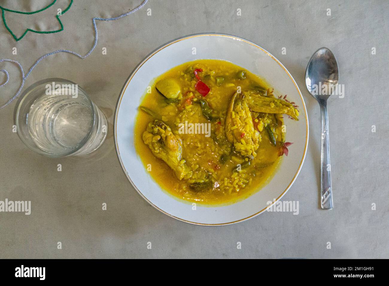 Soupy rice with clams served on a Christmas table. Traditional Spanish ...