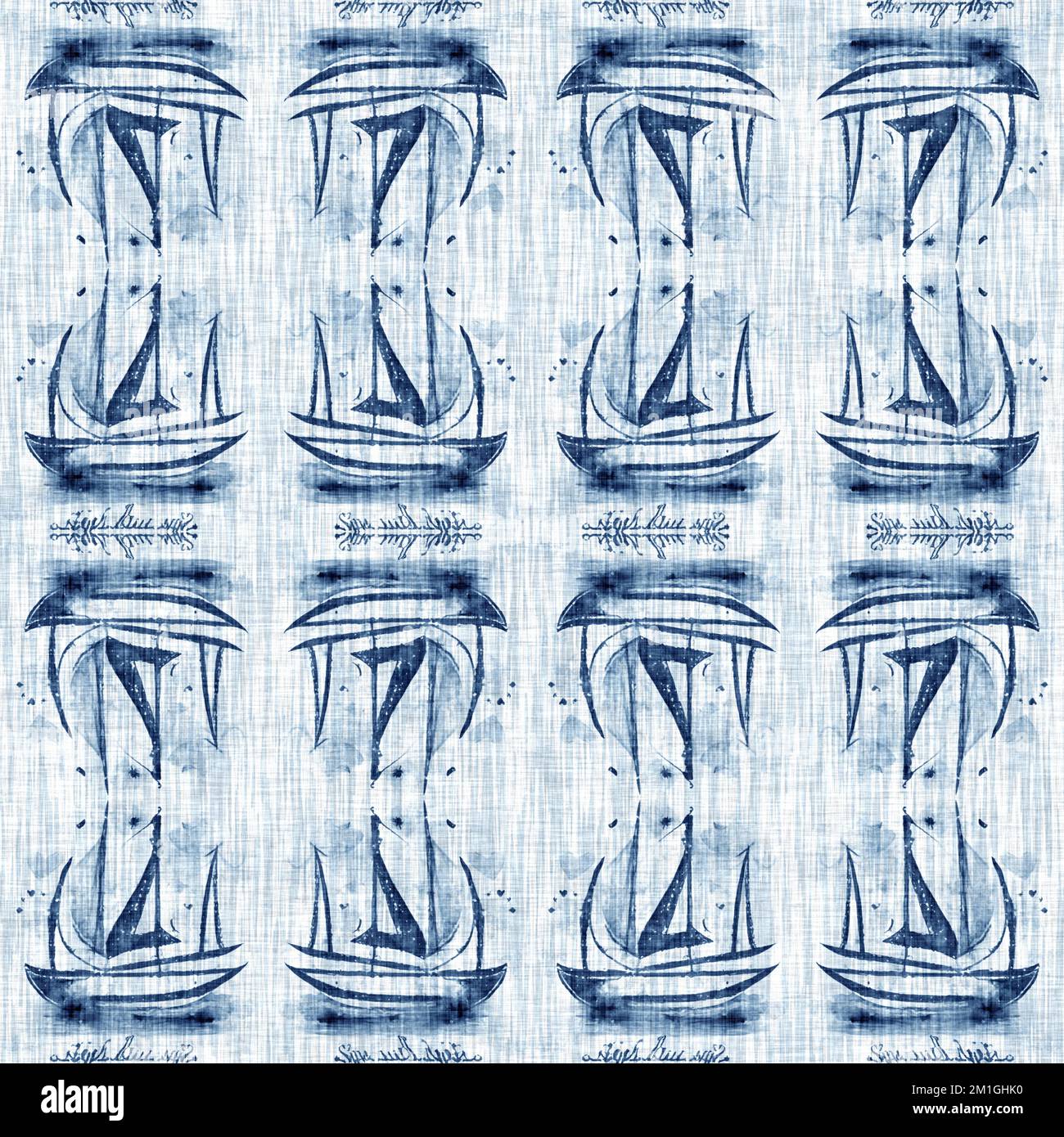Indigo Dye Wash Coastal Damask Quilt Seamless Pattern. Washed out ...