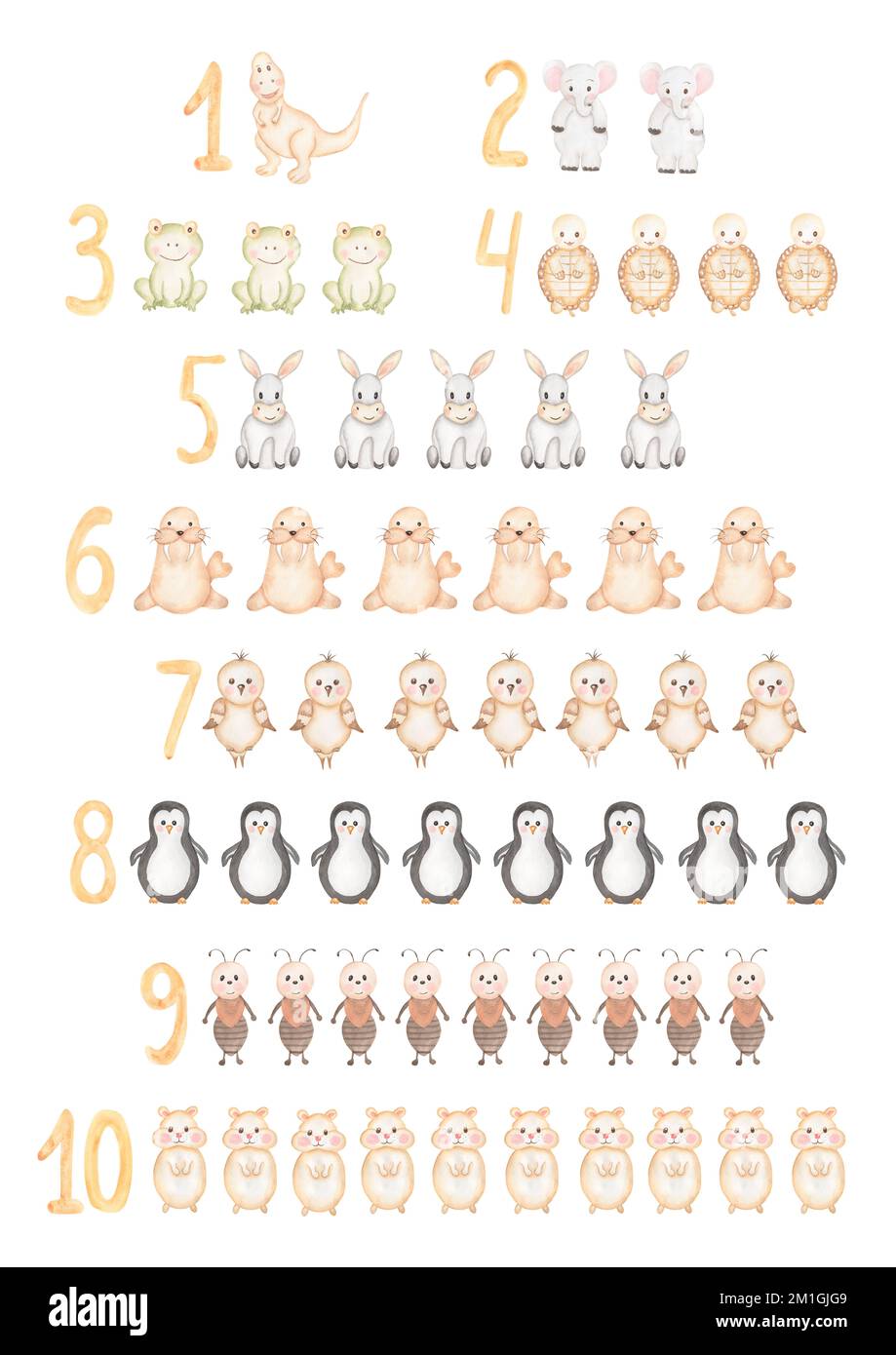 Watercolor childish poster with cute animals and numbers. Baby ...
