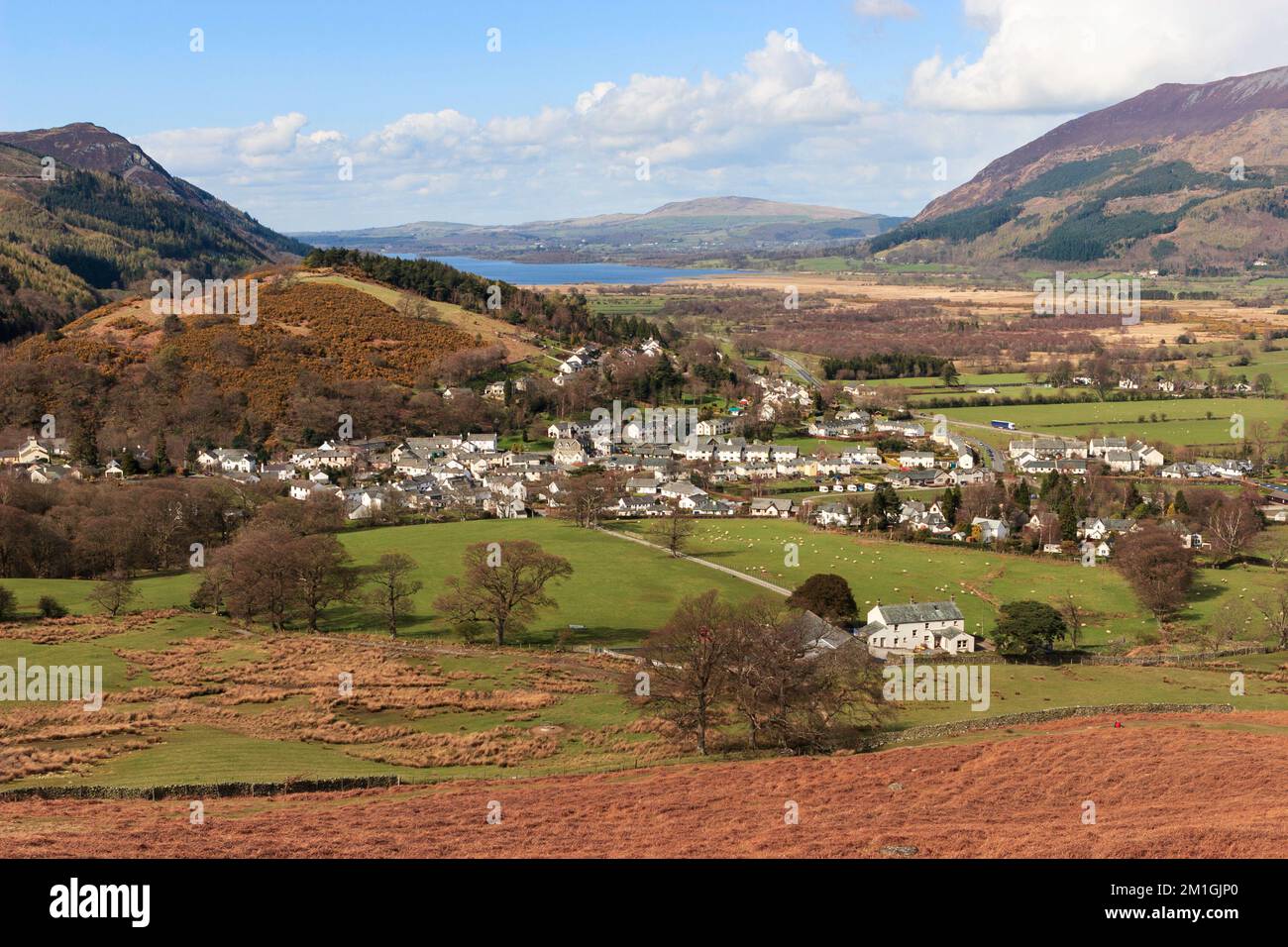 The lake district village of Braithwaite seen from above with ...