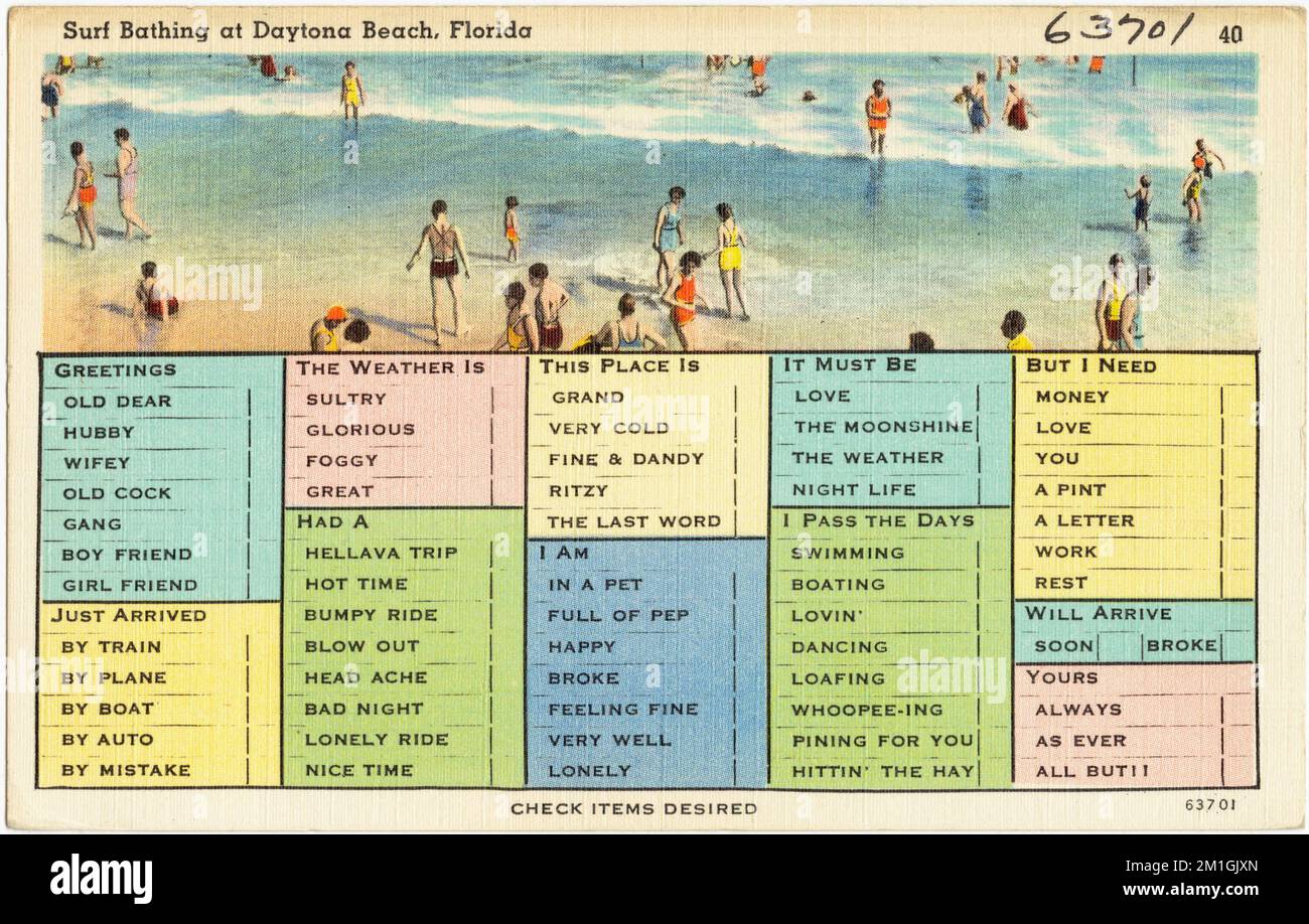 Surf bathing at Daytona Beach, Florida , Beaches, Tichnor Brothers ...