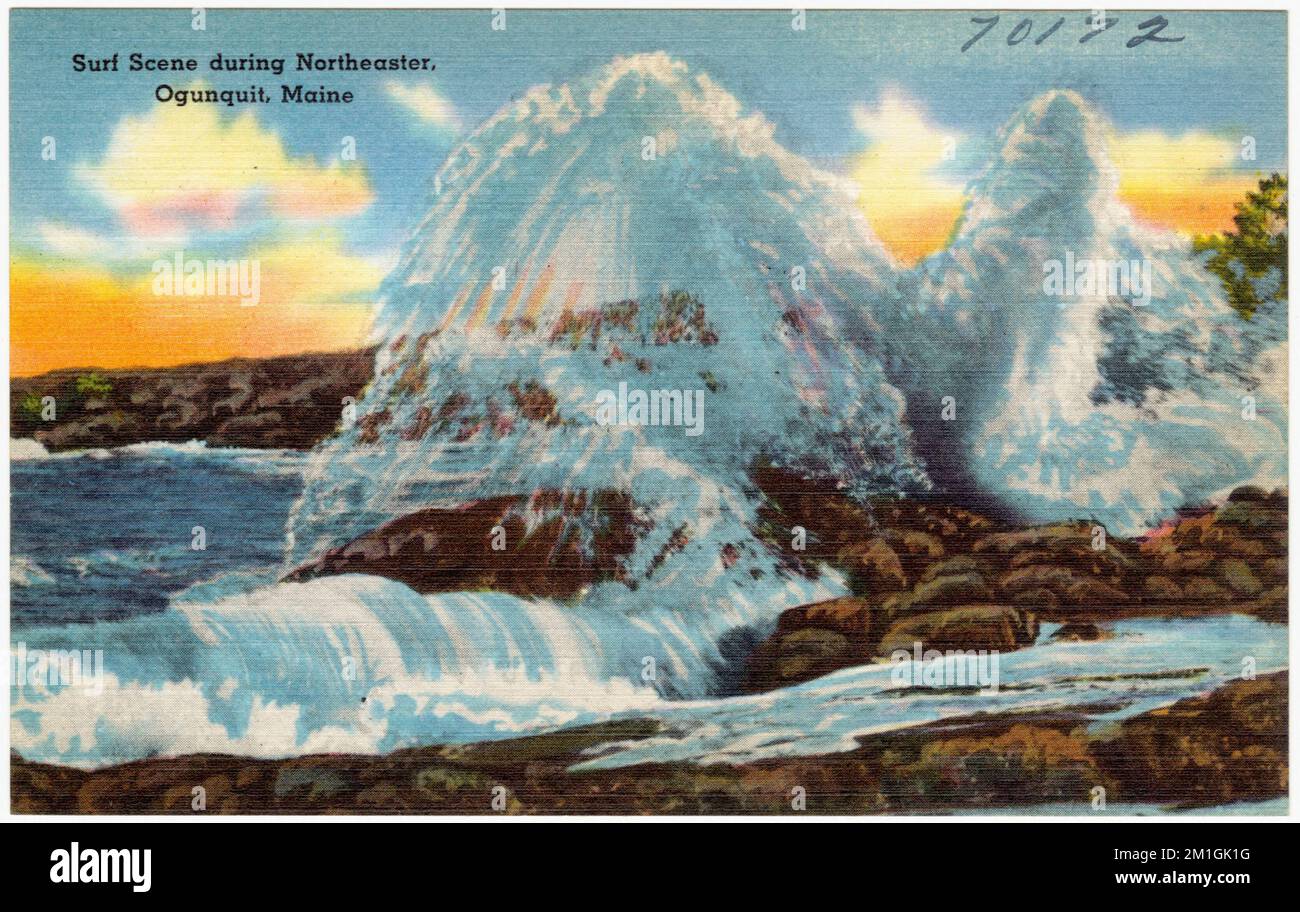 Surf scene during Northeaster, Ogunquit, Maine , Seas, Tichnor Brothers ...