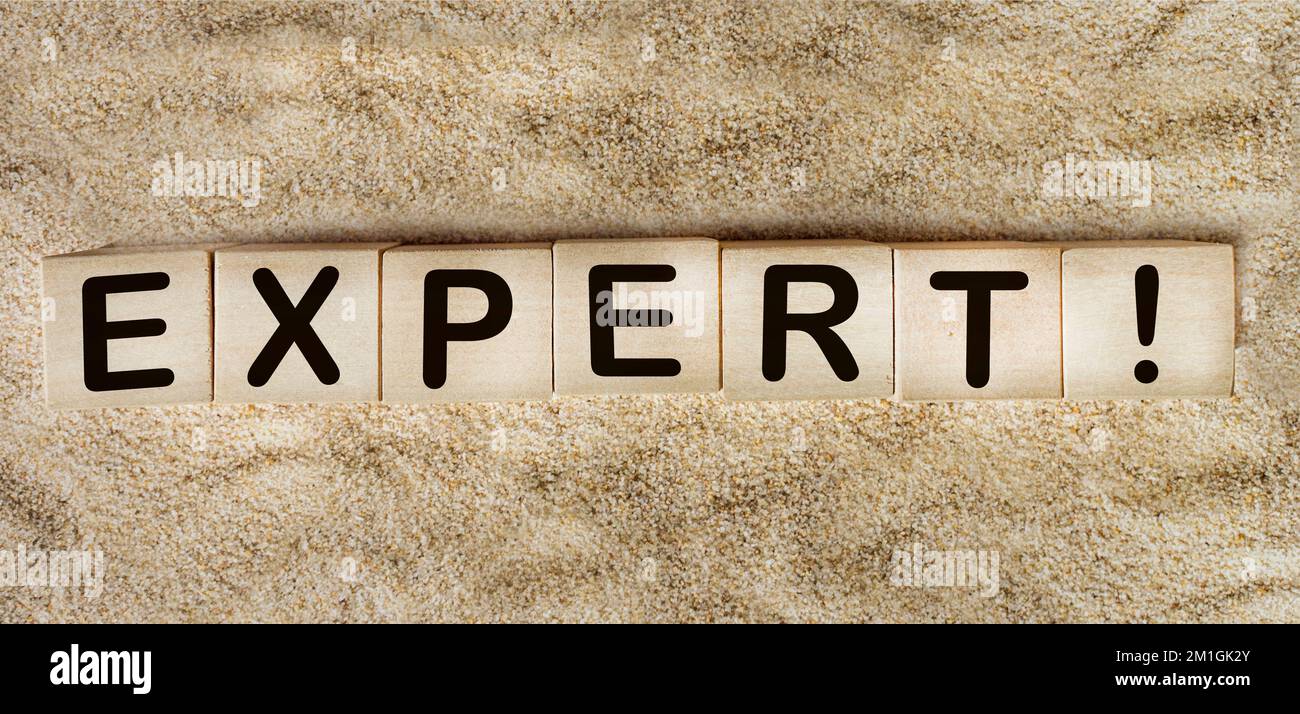 The word EXPERT. Wooden cubes with letters on a beige background ...