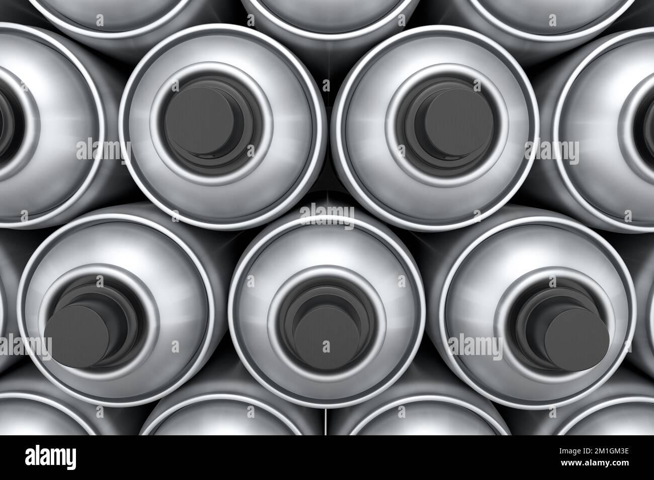 Set of silver spray paint cans in row on white background. 3d render ...