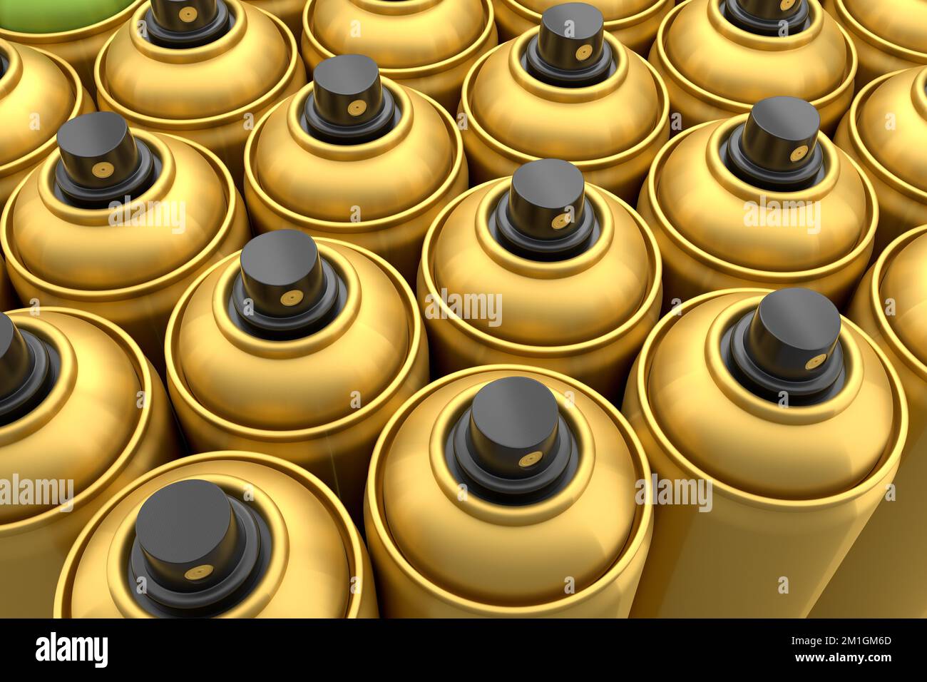 Set of gold spray paint cans in row on white background. 3d render ...