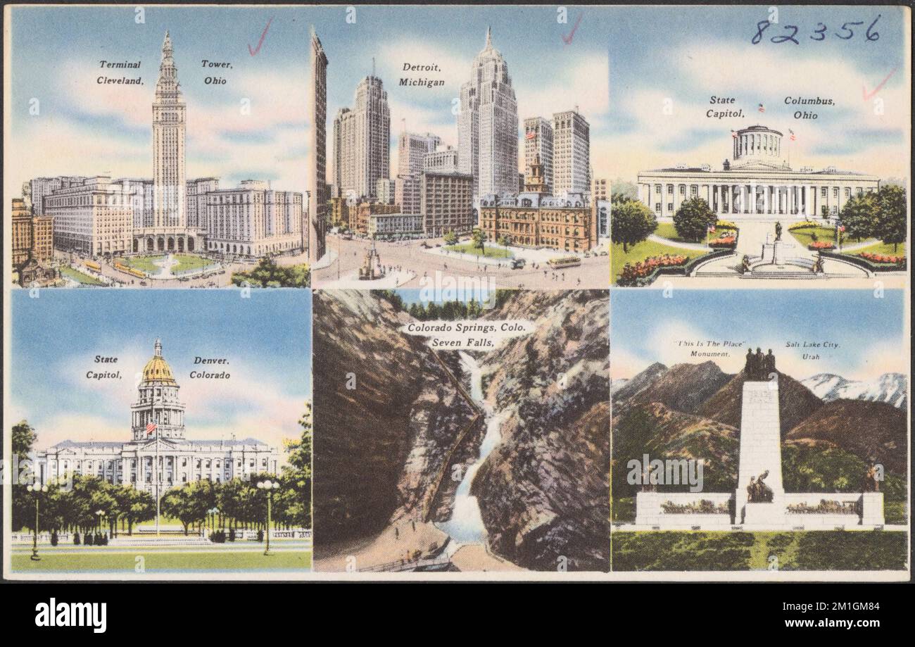 Terminal Tower, Cleveland, Ohio. Detroit, Michigan. State capitol ...