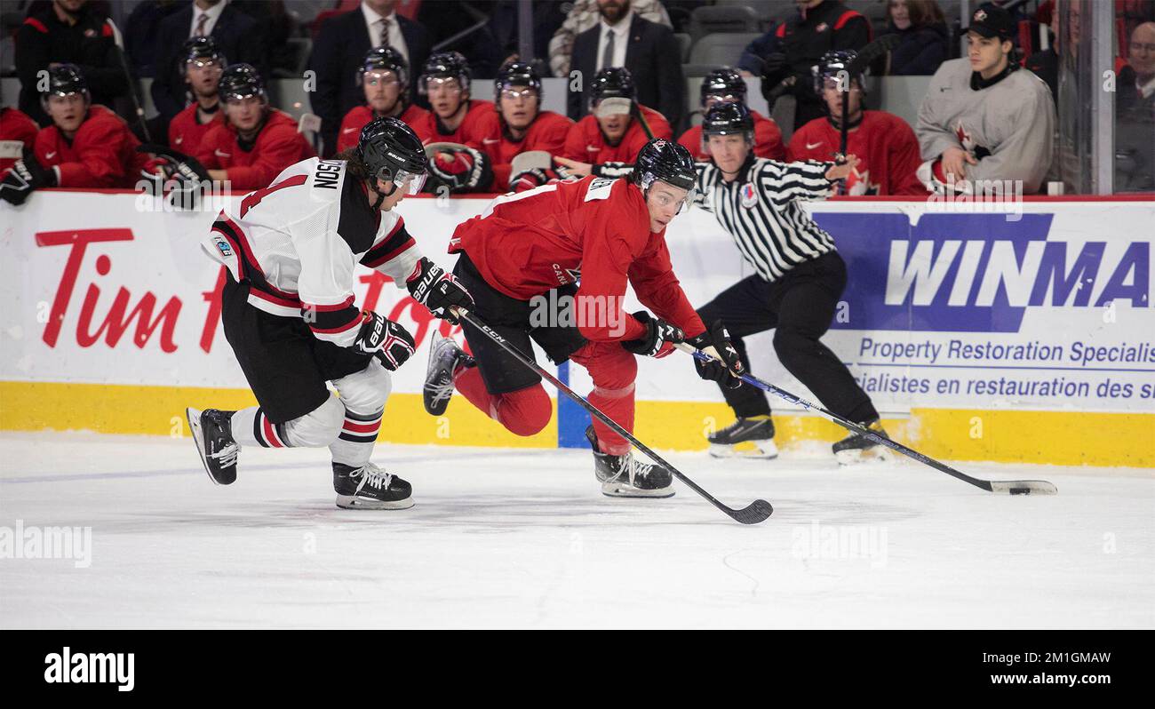 USports' Jacob Hudson (14) tries to block the path for Team Canada's ...