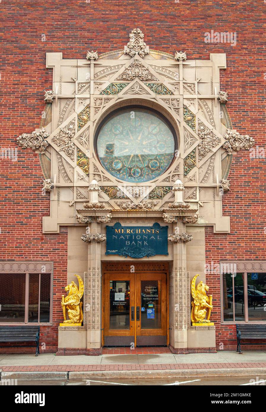 The ornate front entrance to Merchants National Bank in Grinnel Iowa ...
