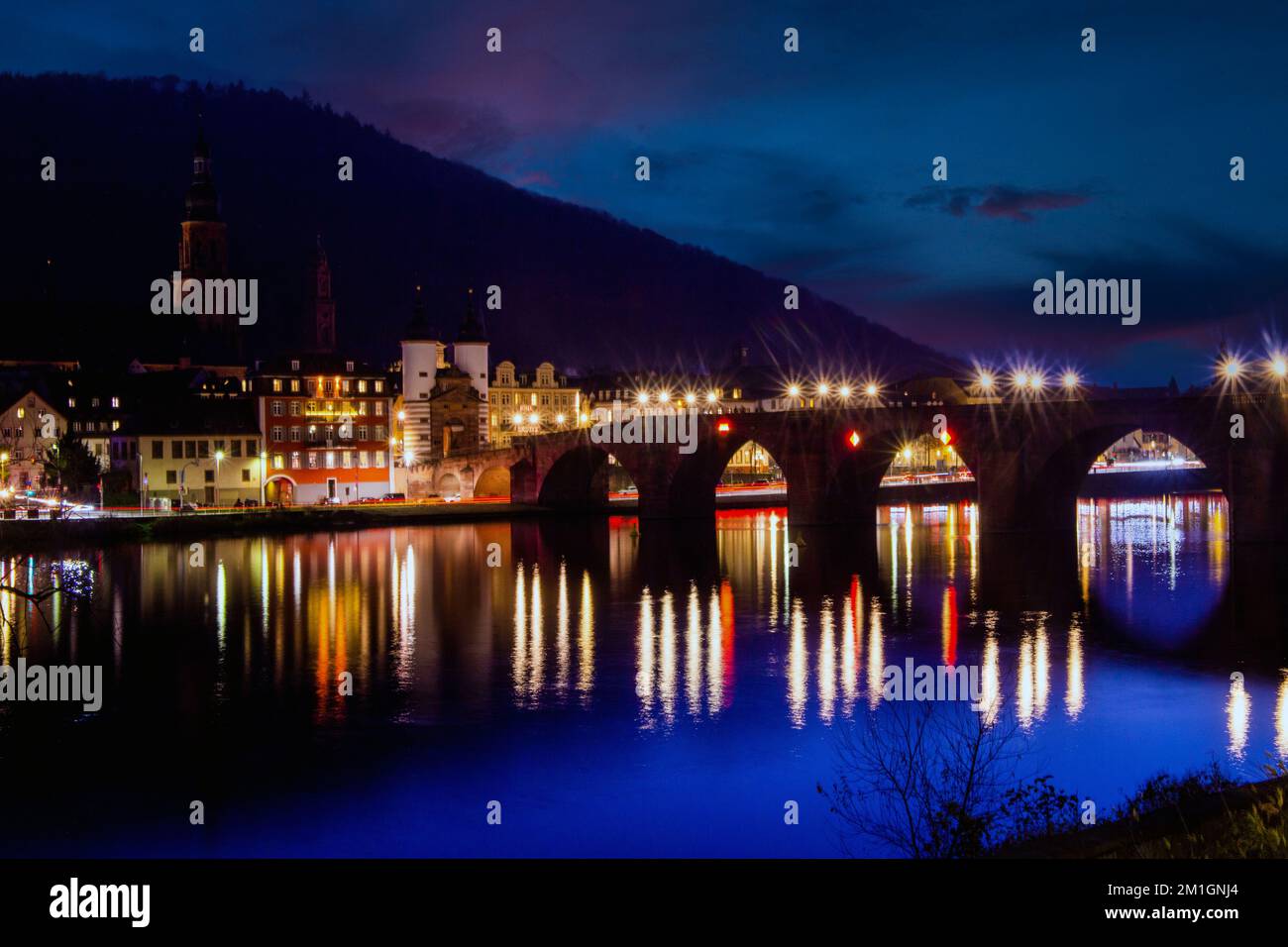 Night view of Heidelberg. In December 2022, the Old Bridge (Alte Brücke ...