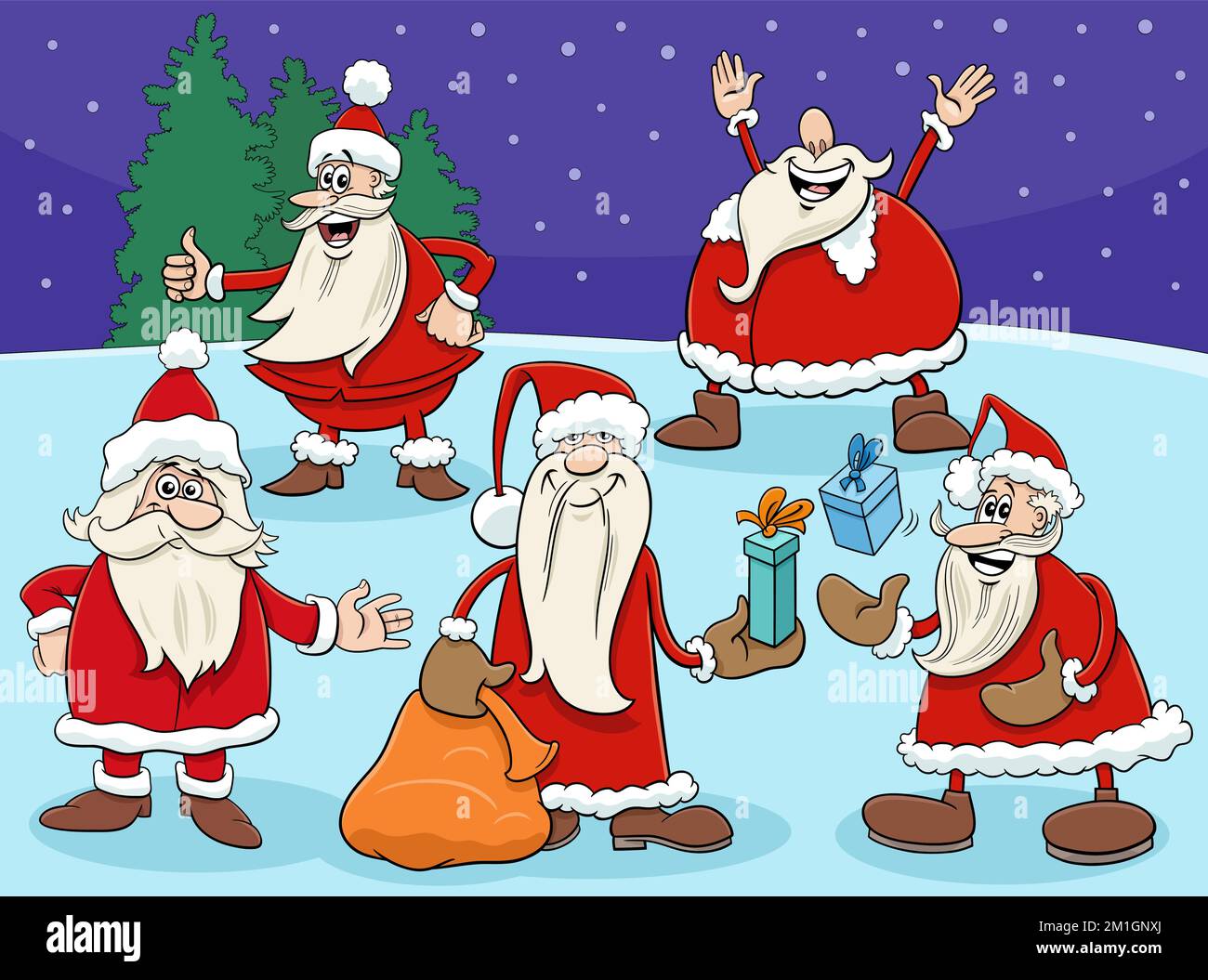 Cartoon illustration of Santa Clauses comic characters with gifts on ...
