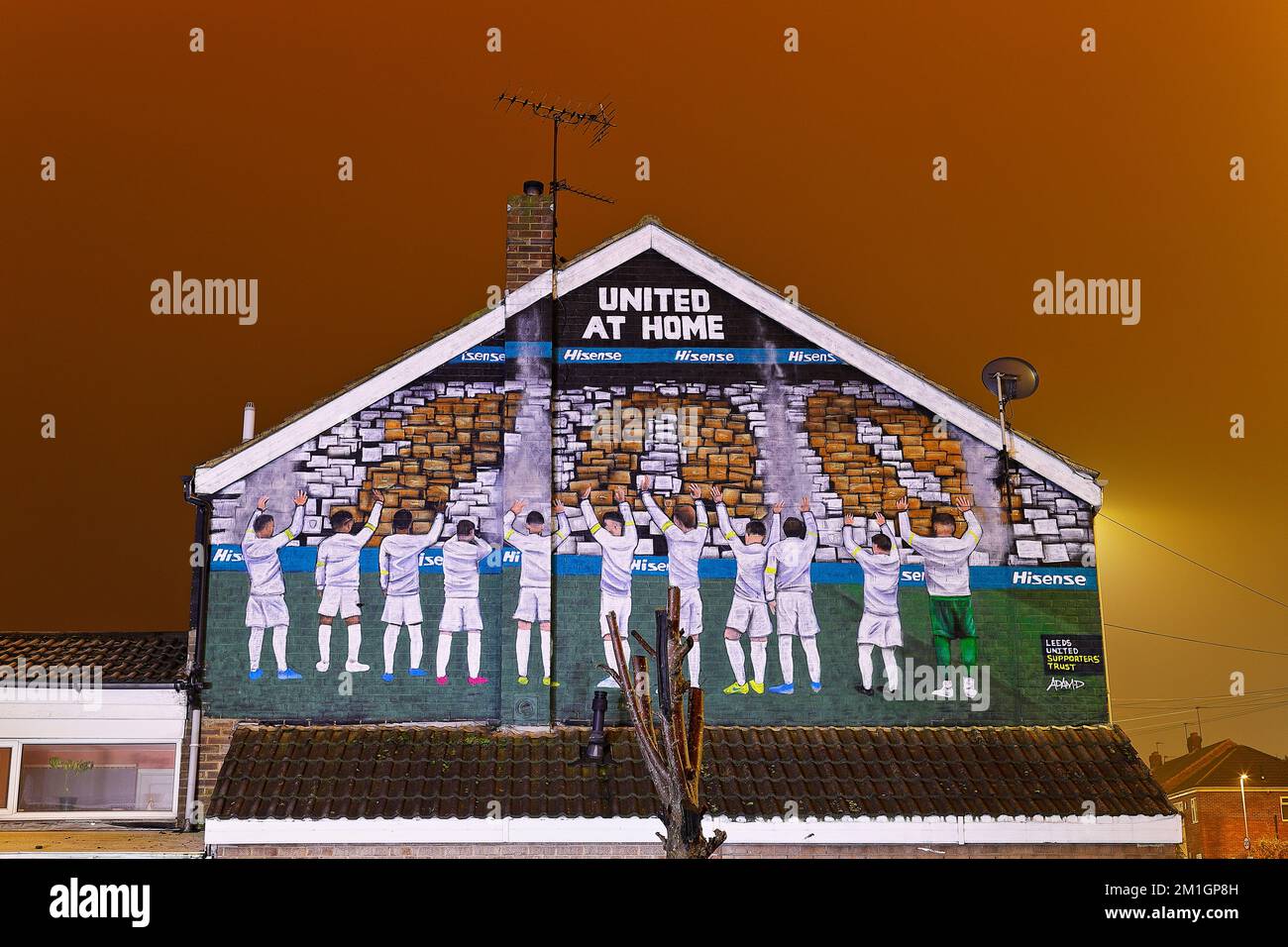 A Leeds United AFC mural, painted on the side of a house near to Leeds ...