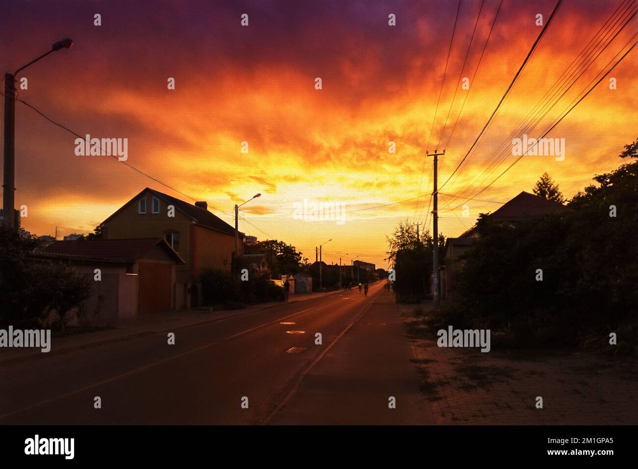 Beautiful sunset in the village. Central street. Illustration Stock ...