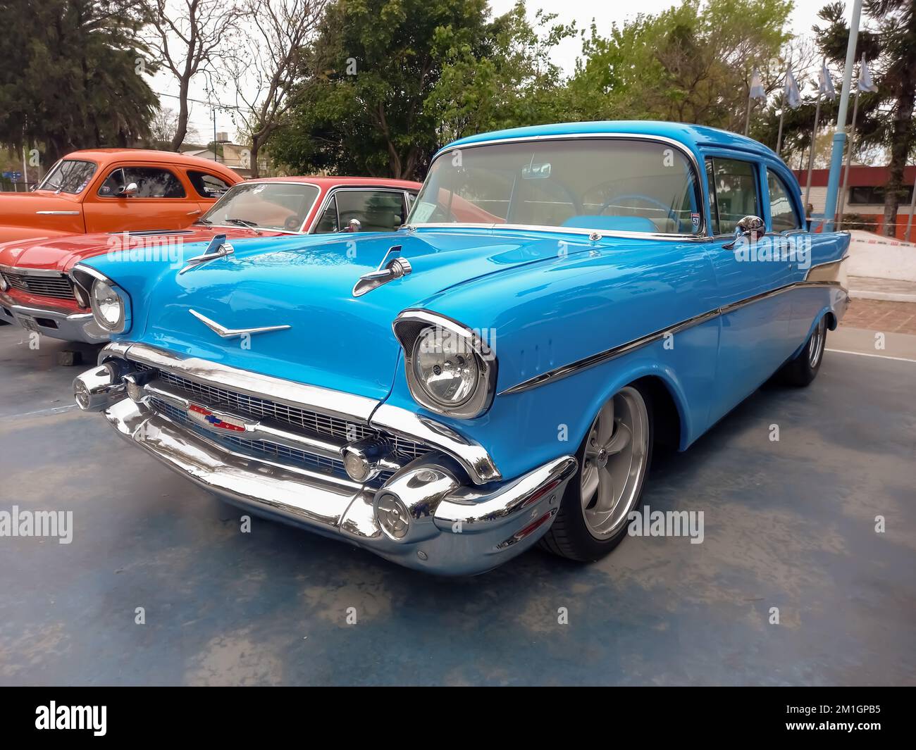 Lanus, Argentina - Sept 25, 2022: Old sky blue 1957 Chevrolet Chevy Bel ...
