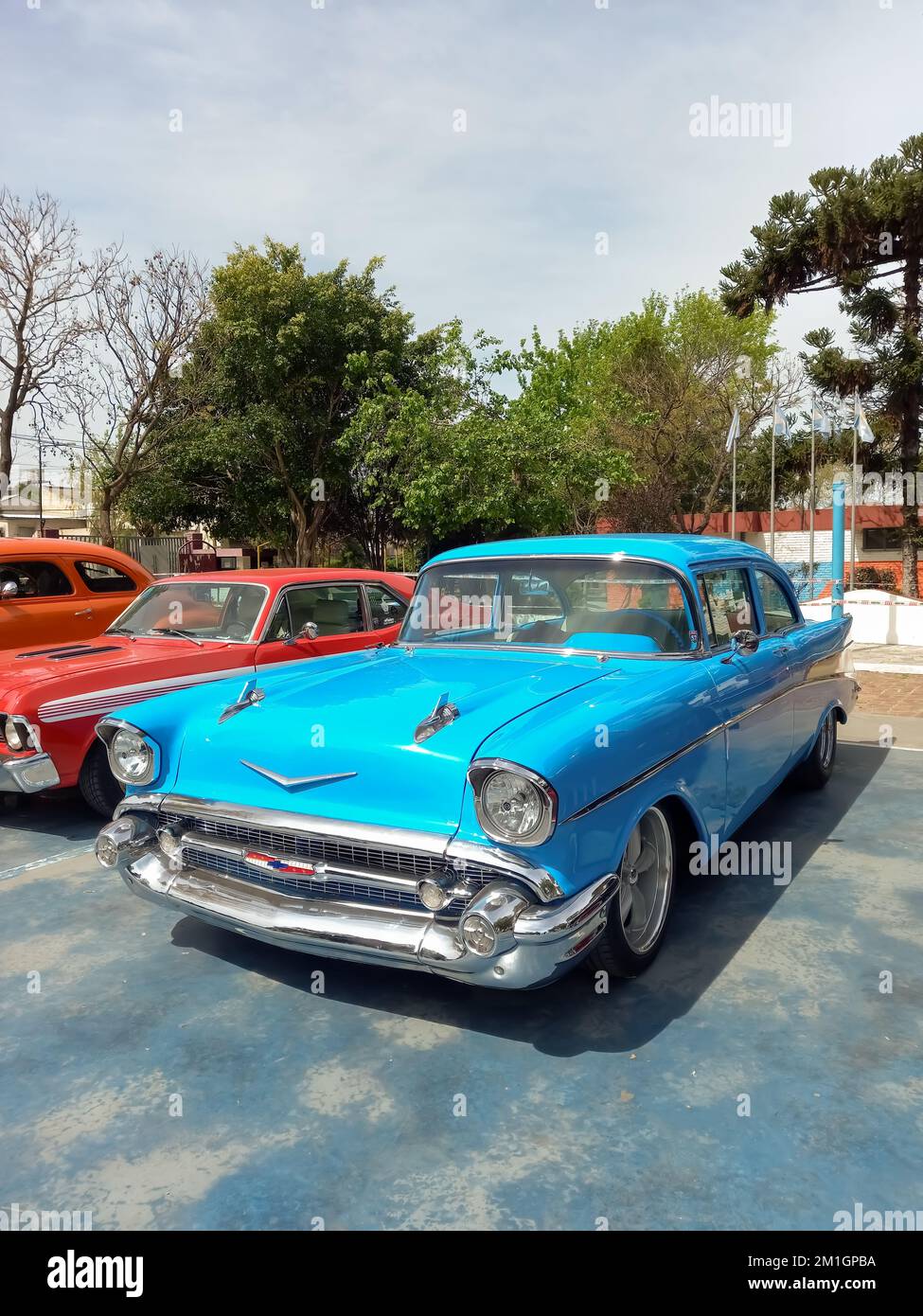 Lanus, Argentina - Sept 25, 2022: Old sky blue 1957 Chevrolet Chevy Bel ...