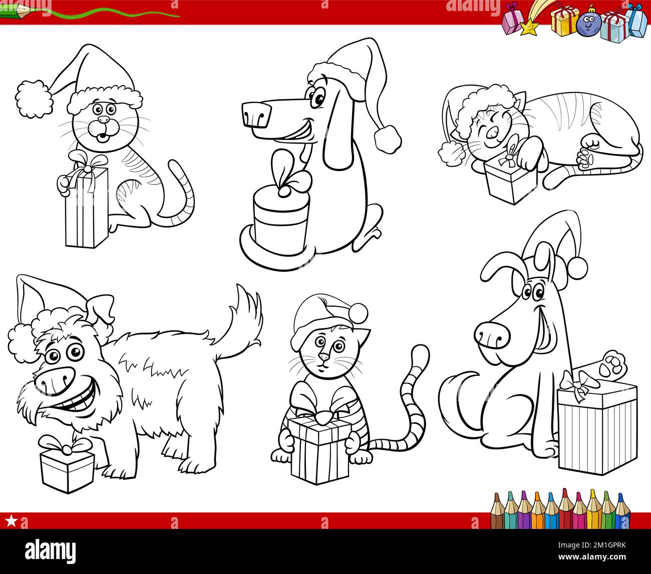 Black and white cartoon illustration of dogs and cats animal characters ...