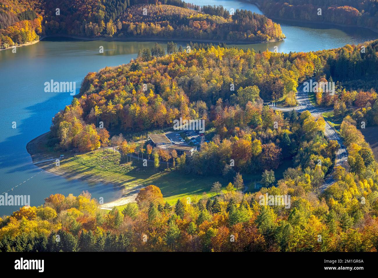 Aerial view, restaurant H1 at lake at Hennesee in autumn colors in ...