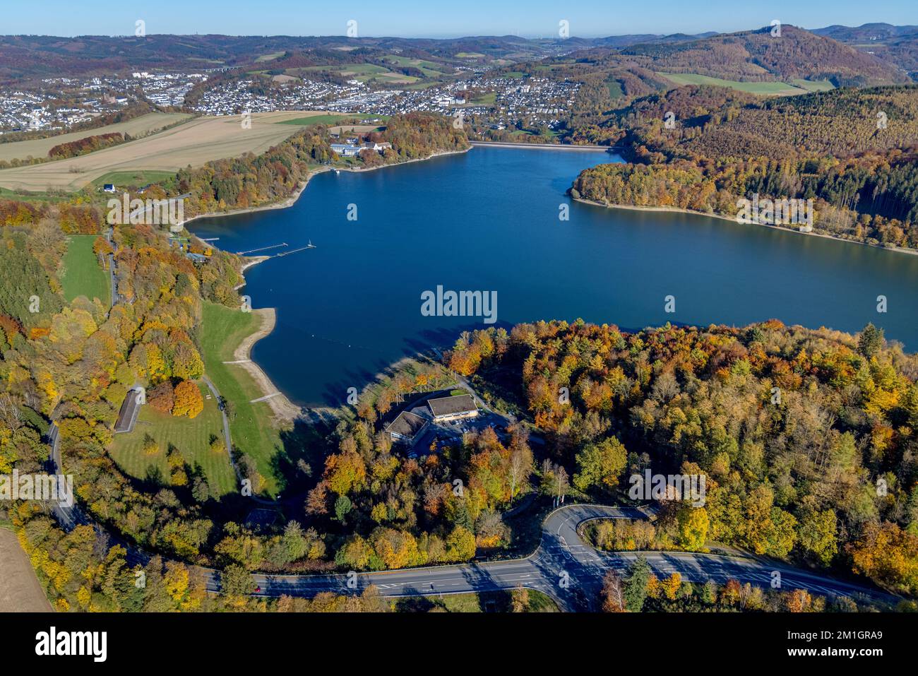 Aerial view, restaurant H1 at lake at Hennesee in district Berghausen ...
