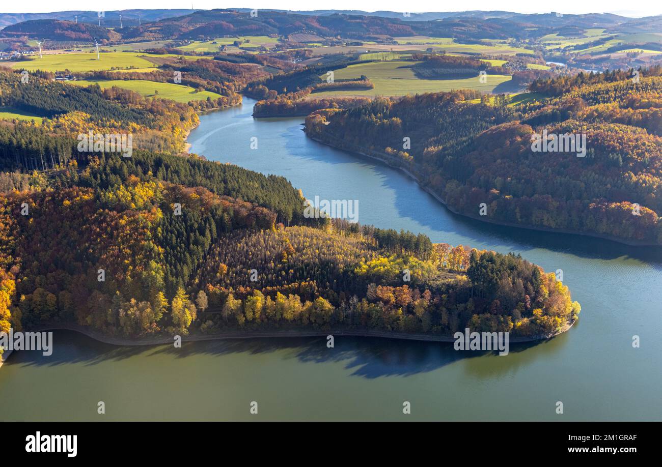 Aerial view, Hennesee in autumn colors in Berghausen district in ...