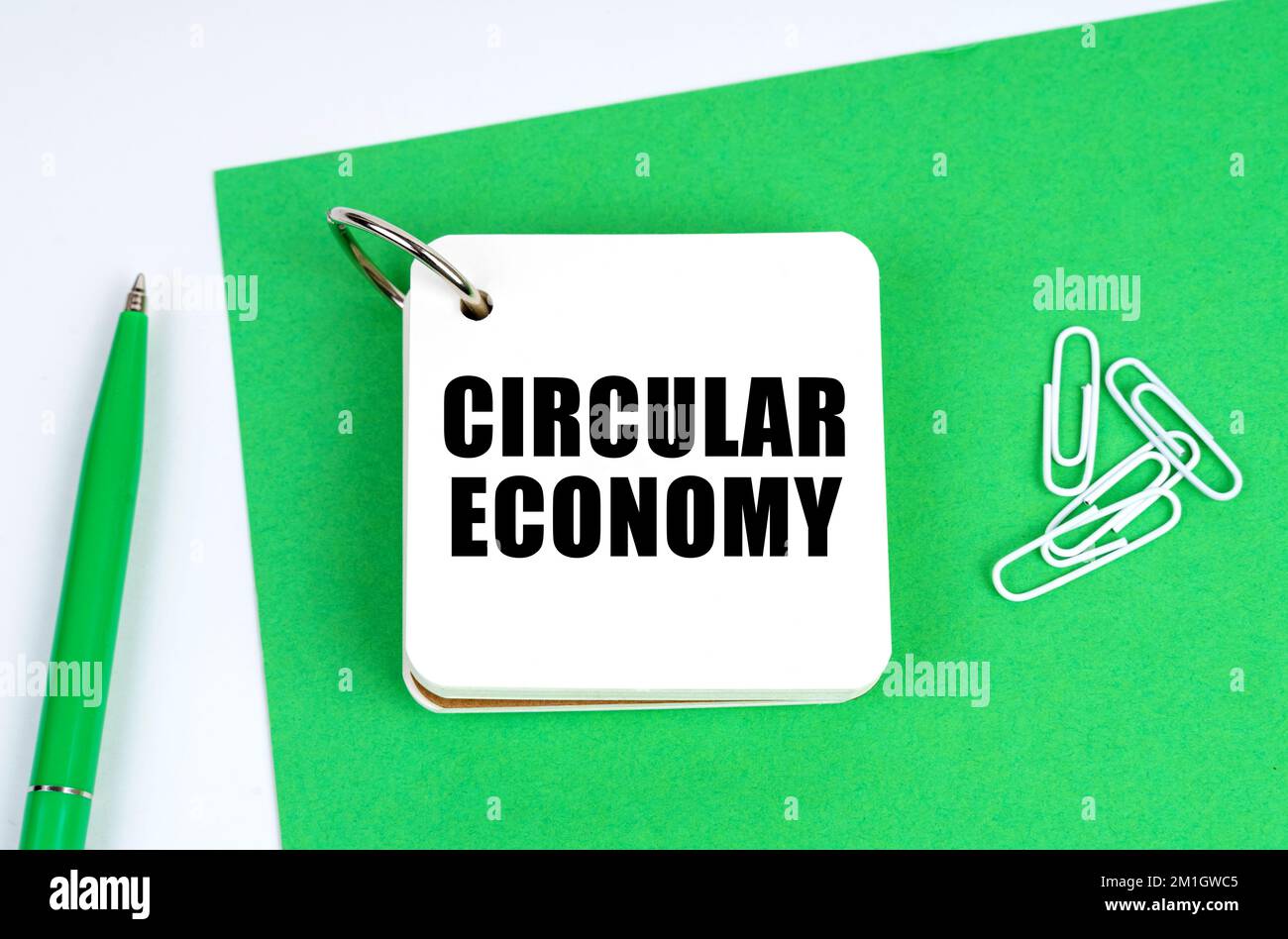 Ecology and industry concept. On a white surface lies a green sheet of ...