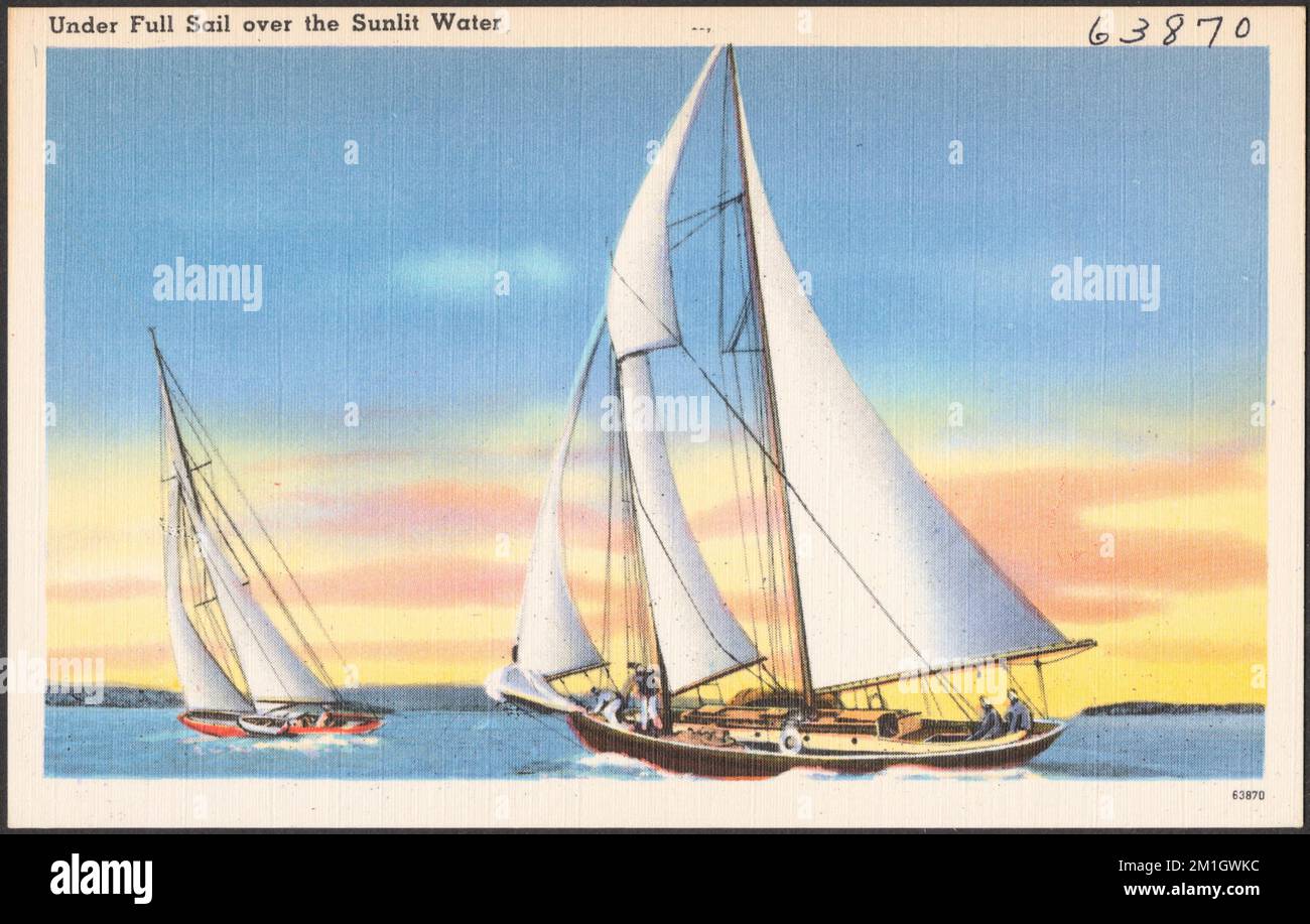 Under a full sail over the sunlit water , Sailboats, Seas, Tichnor ...
