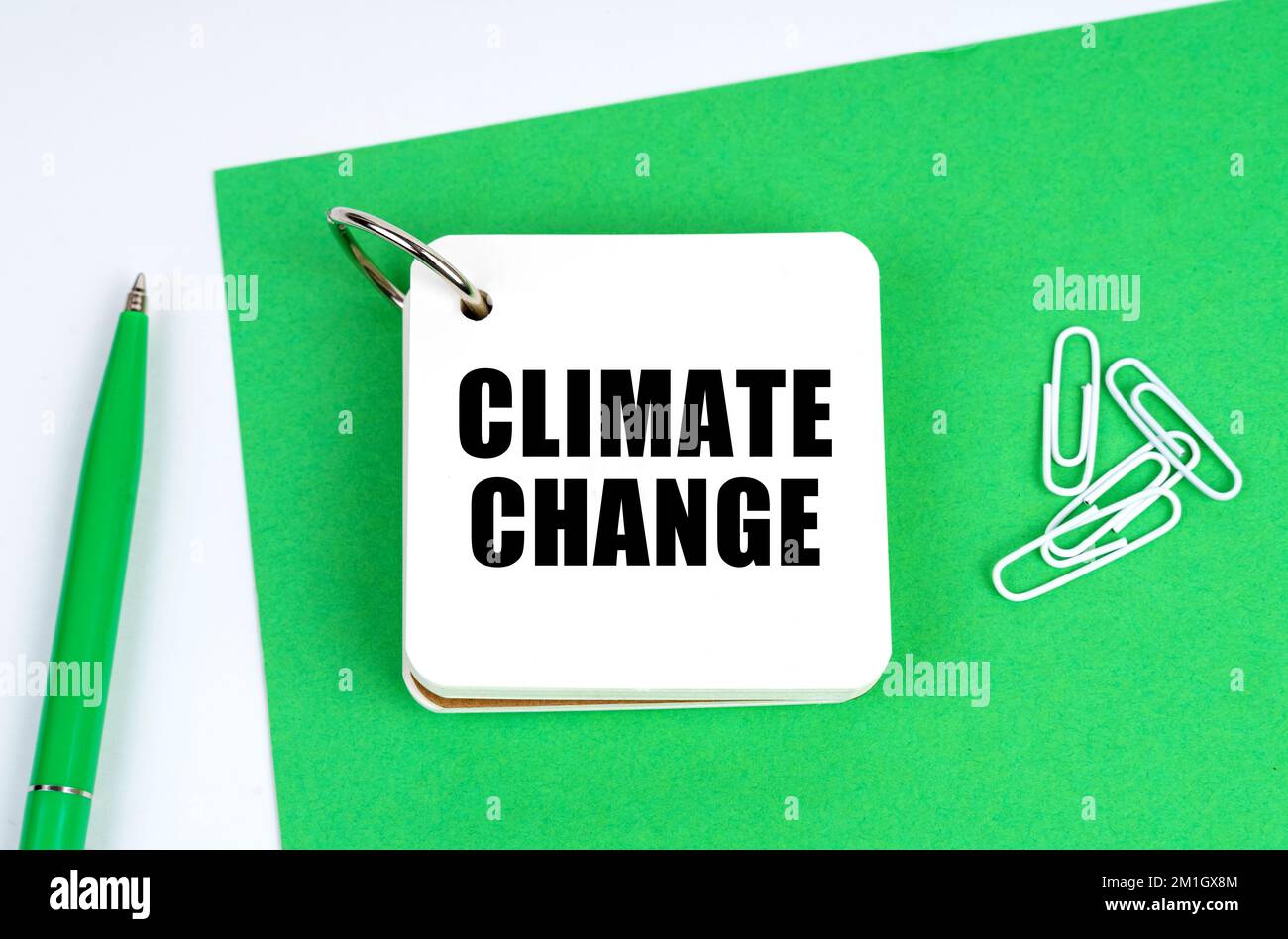 Ecology and industry concept. On a white surface lies a green sheet of ...