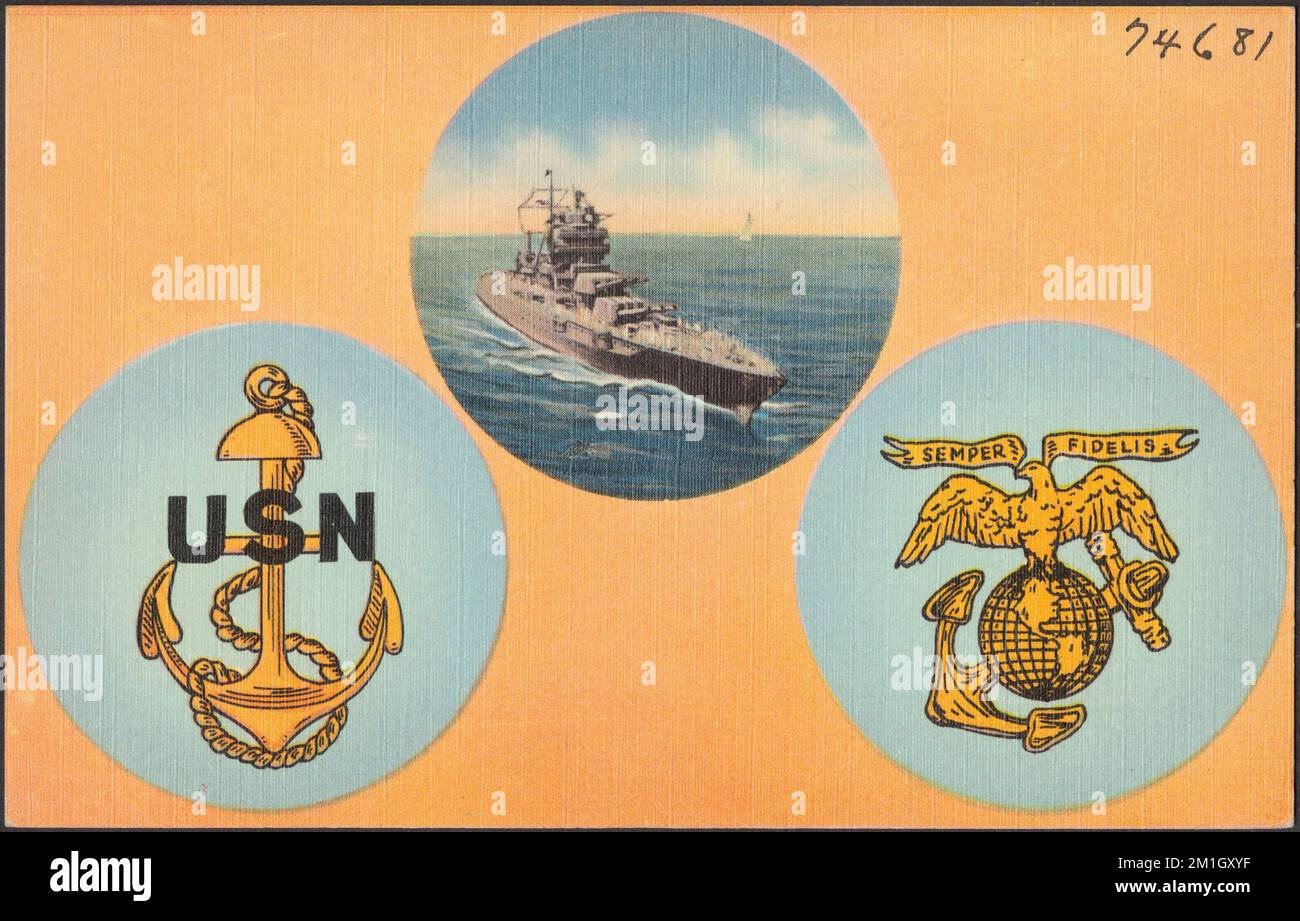 USN. Semper Fidelis , Insignia, Battleships, Tichnor Brothers ...