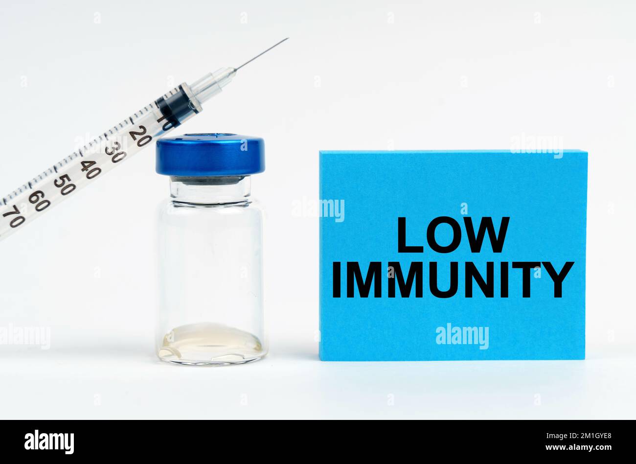 Medicine concept. On the table is a syringe, an injection and a blue ...