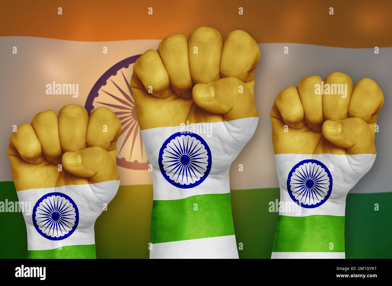 The flag of India is drawn on a clenched fist and in the background ...