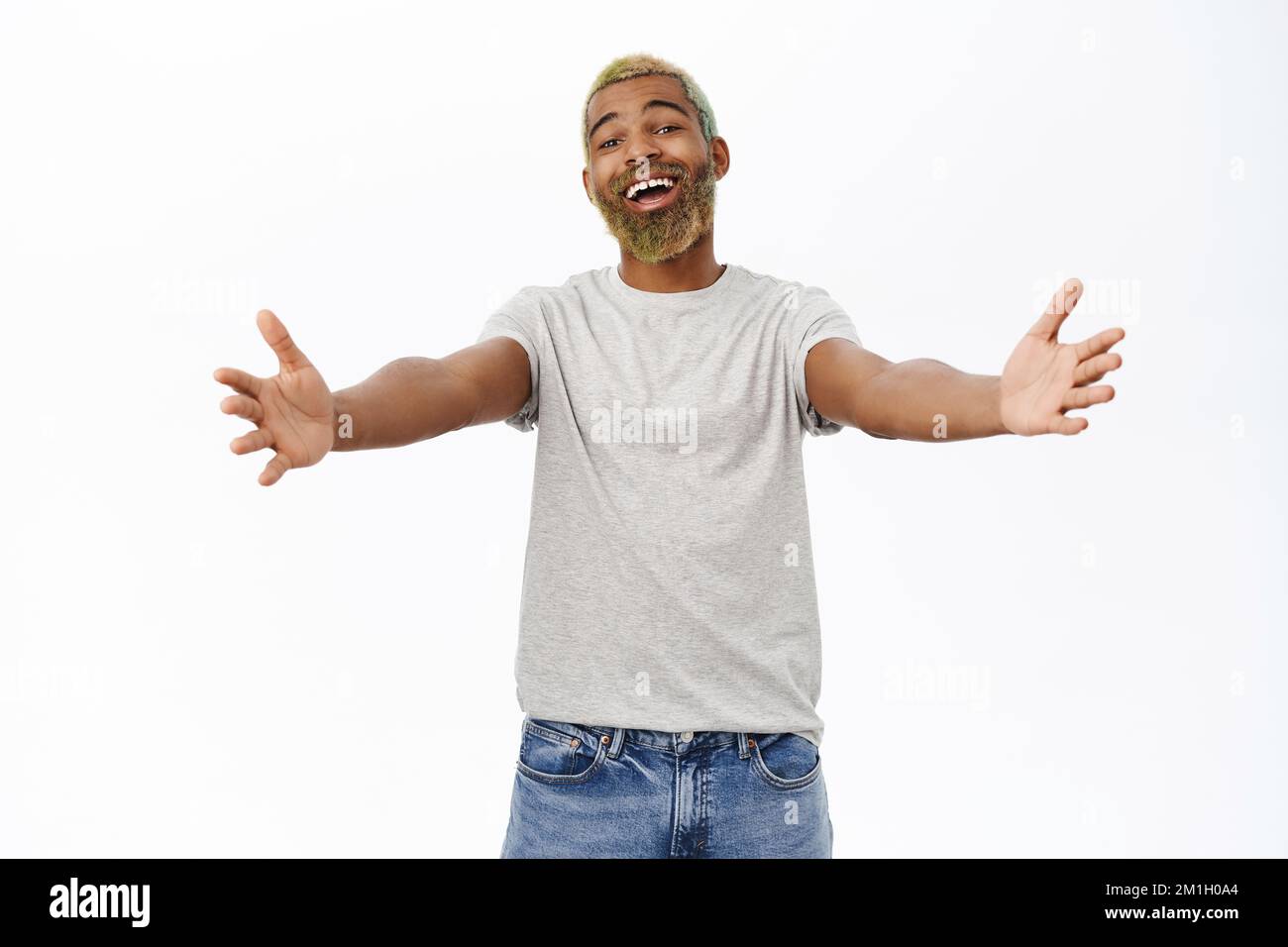 Come here and hug. Lovely nice guy stretch out hands for cuddle ...