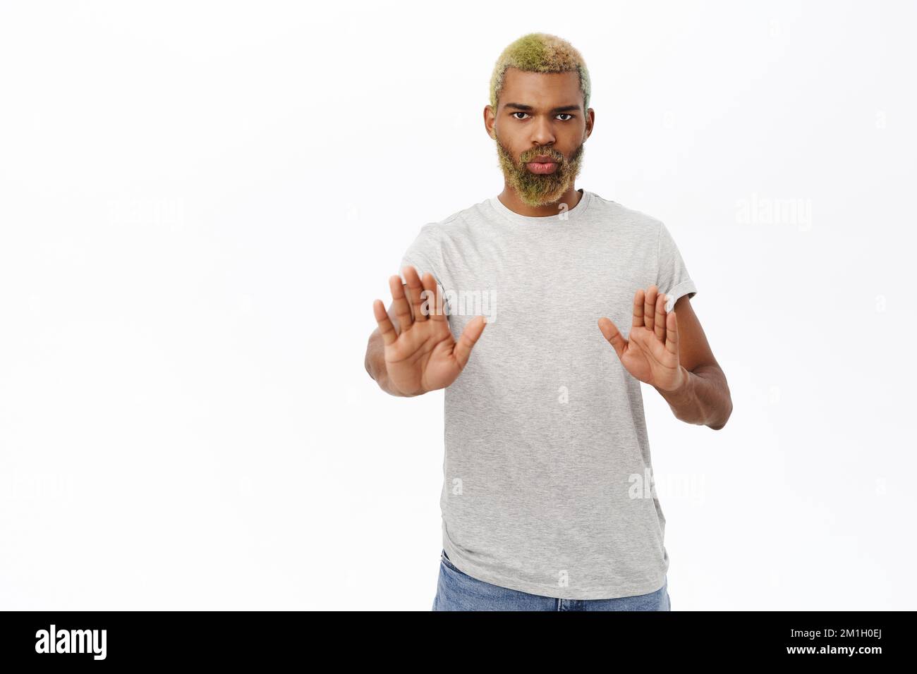 Wow slow down. Serious guy tried to calm you down, showing stop, no ...